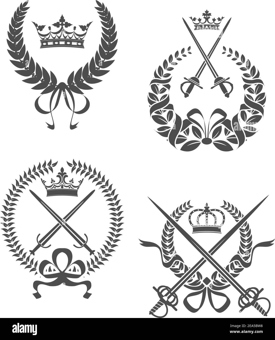 Retro laurel wreathes with swords, sabers and crowns for heraldry ...