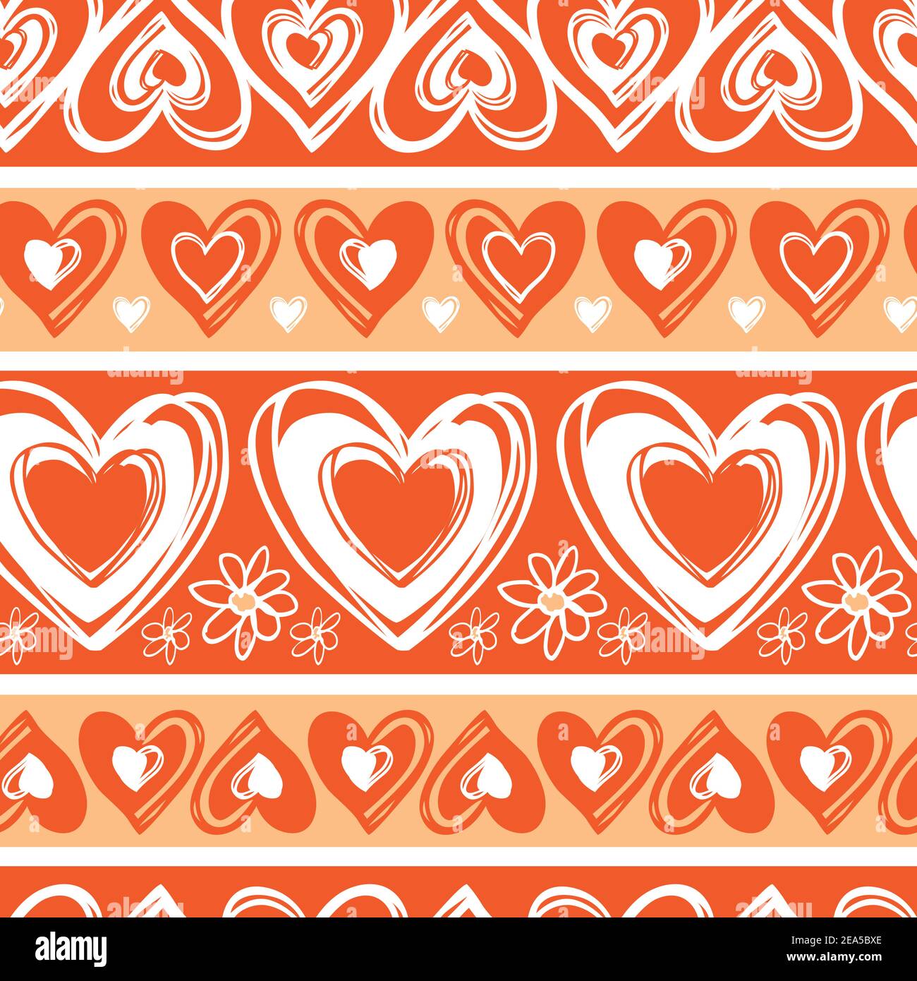 Vector monochrome red doodle cute hearts valentine horizontal stripes ...