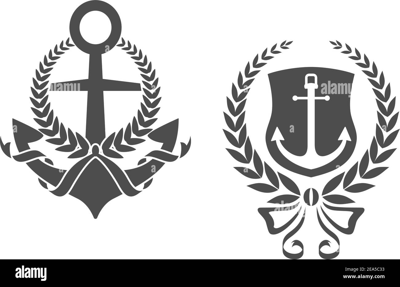 Marine anchors with ribbons and laurel wreathes for heraldry design ...