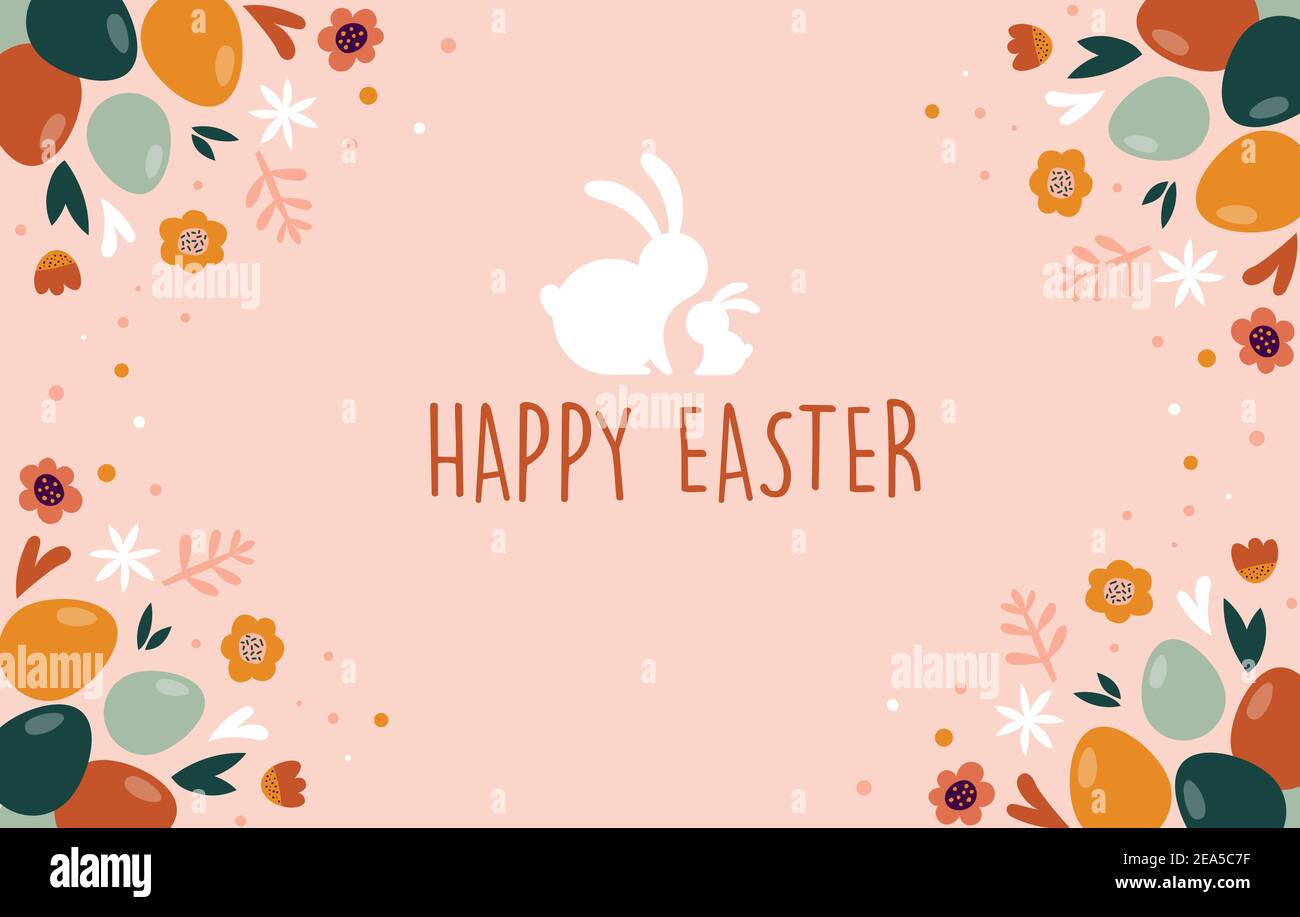 Boho Easter concept design, bunnies, eggs, flowers and rainbows in ...