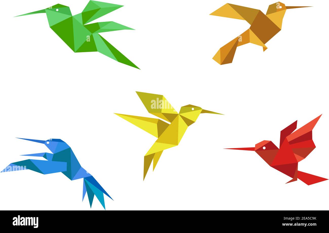 Colorful hummingbirds set in origami paper style on white background ...