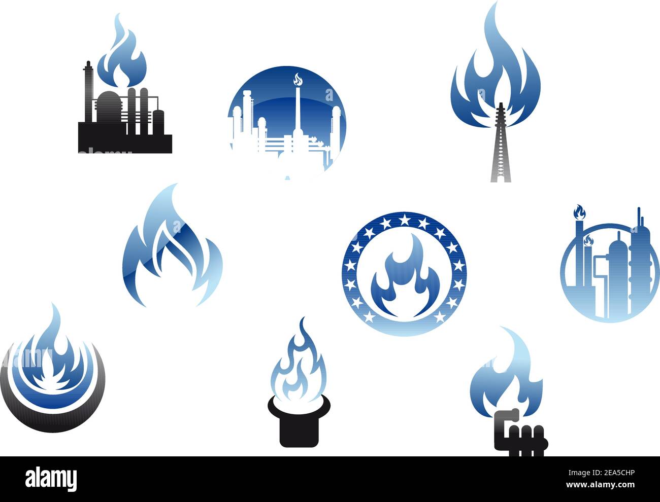 Gas industry symbols and icons with blue flames Stock Vector Image ...
