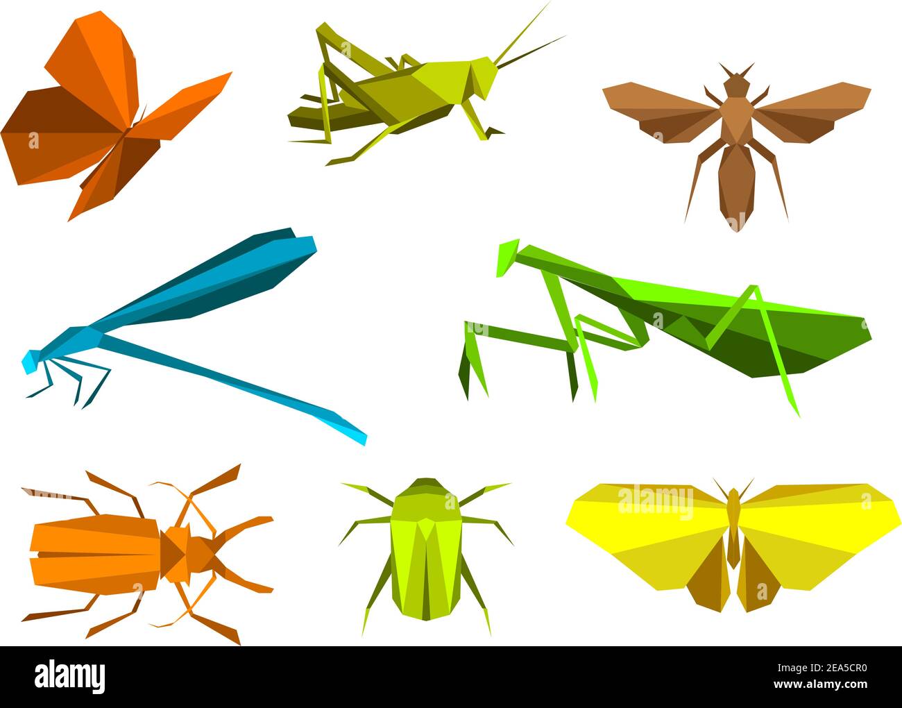 Insects set in origami paper elements isolated on white background ...