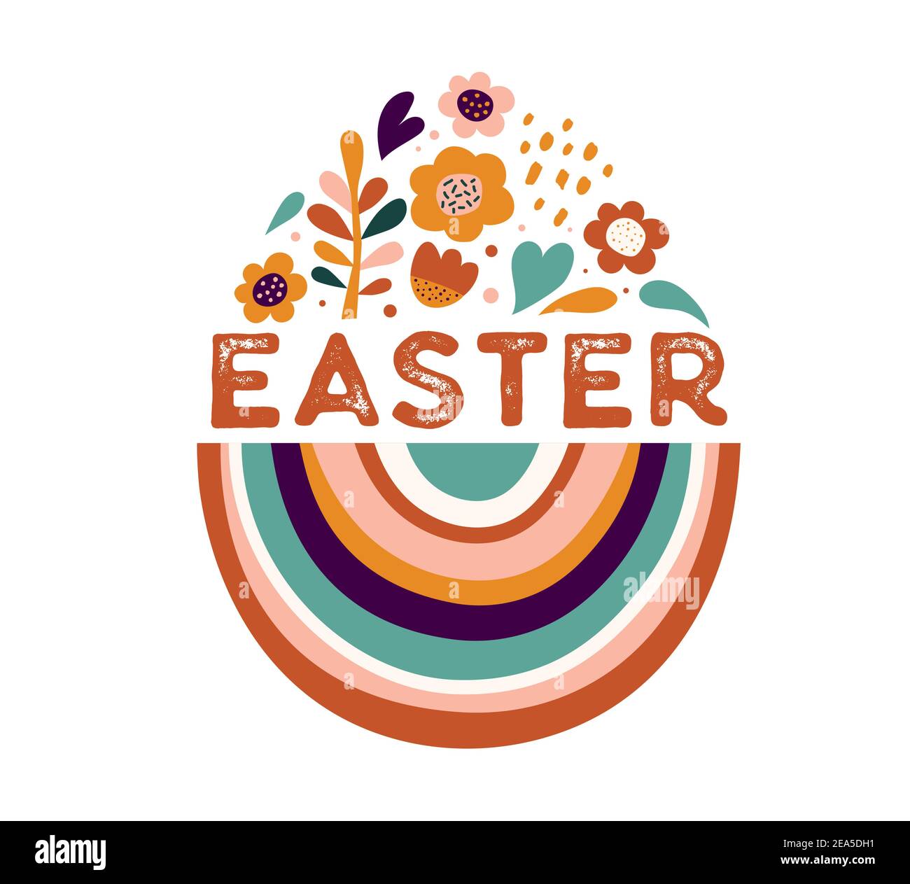 Boho Easter concept design, bunnies, eggs, flowers and rainbows in ...