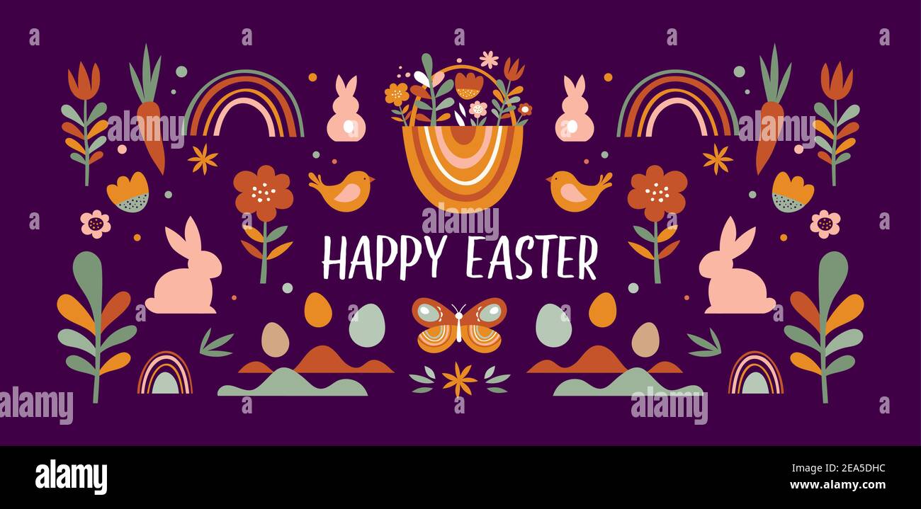 Boho Easter concept design, bunnies, eggs, flowers and rainbows in ...