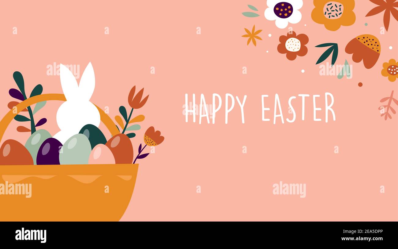 Boho Easter concept design, bunnies, eggs, flowers and rainbows in ...