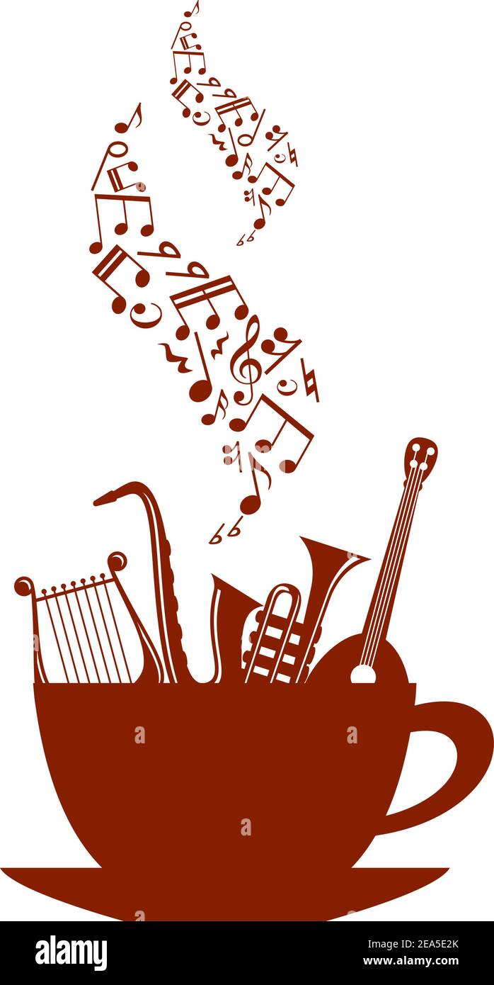 Cup of tea or coffee with musical instruments and waves of notes Stock ...