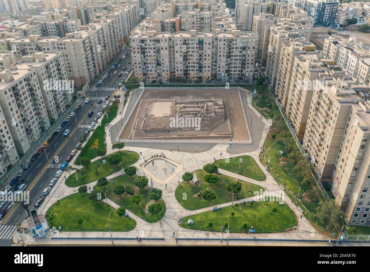 Lima, Peru - February 05, 2021: Aerial view of Huaca archeological site ...