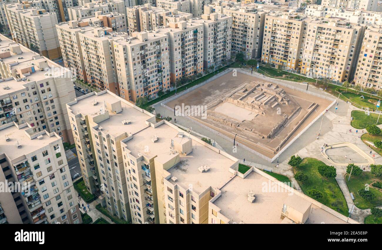 Lima, Peru - February 05, 2021: Aerial view of Huaca archeological site ...
