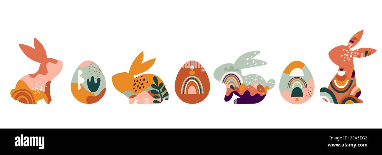 Boho Easter concept design, bunnies, eggs, flowers and rainbows in ...