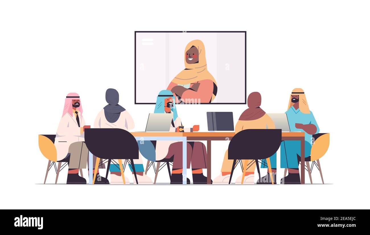 team of arabic doctors having video conference with female black muslim ...