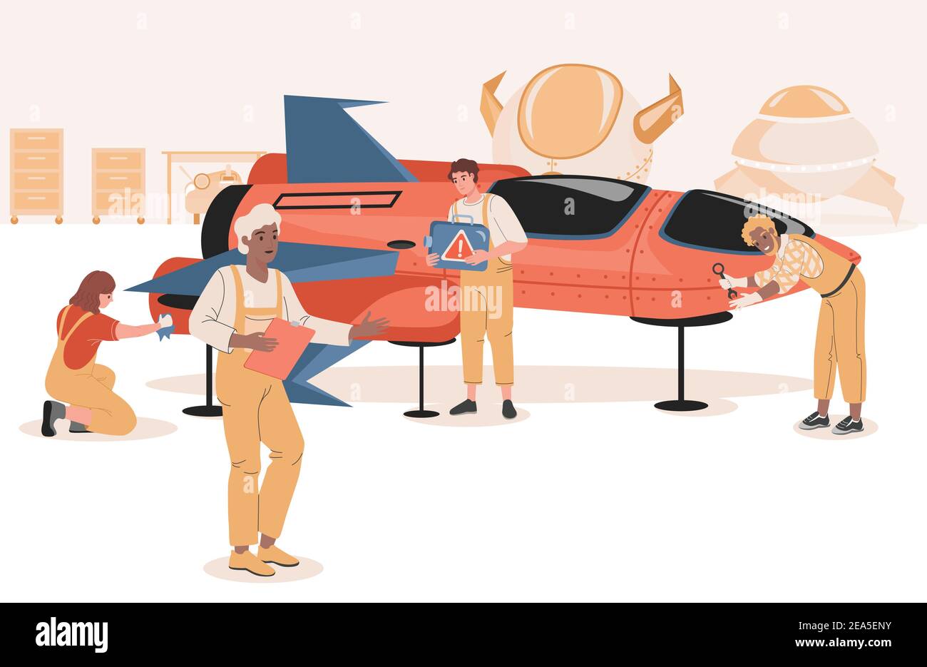 Spaceship repairing vector flat illustration. People, men, and women in ...