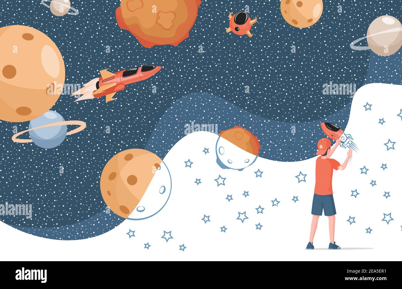 Boy in modern clothes drawing cosmos, planets, spaceships and stars ...