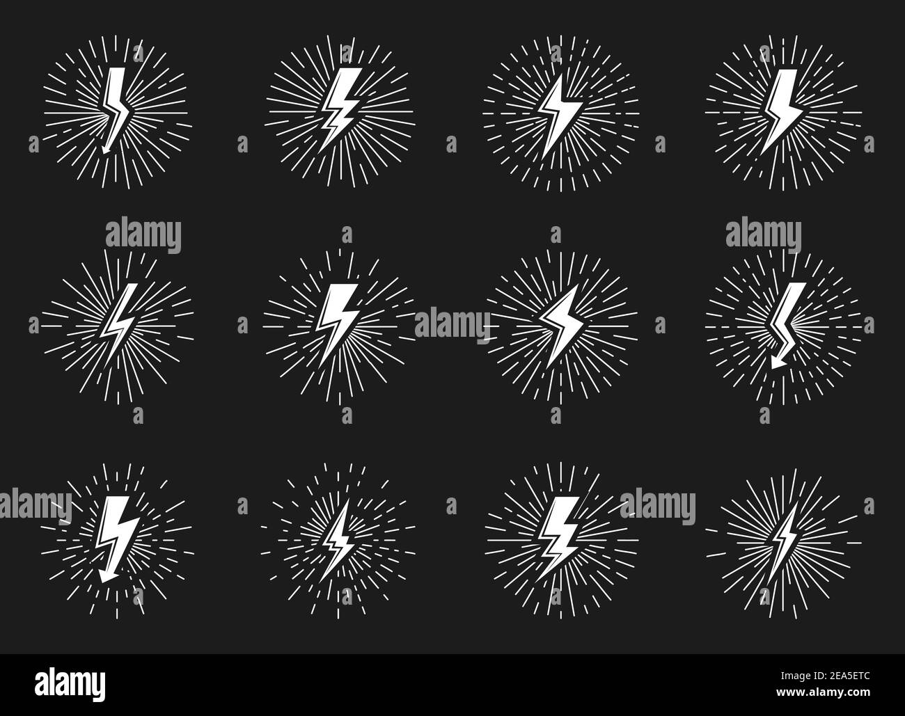 Set of white vintage lightnings sign with sunburst effect. Retro icons ...