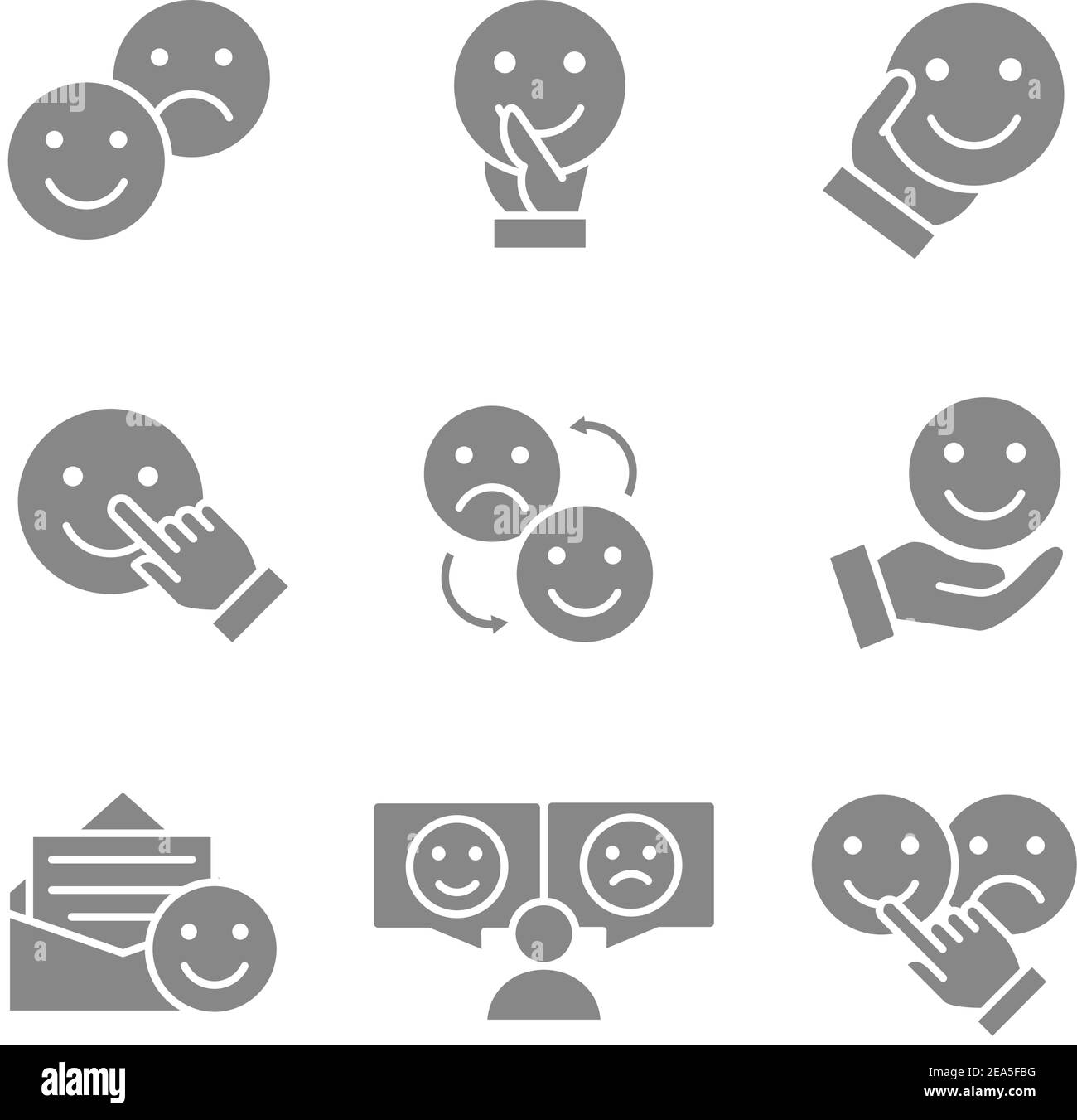 Set of emotion feedback gray icons. Testimonials, smile, upset ...