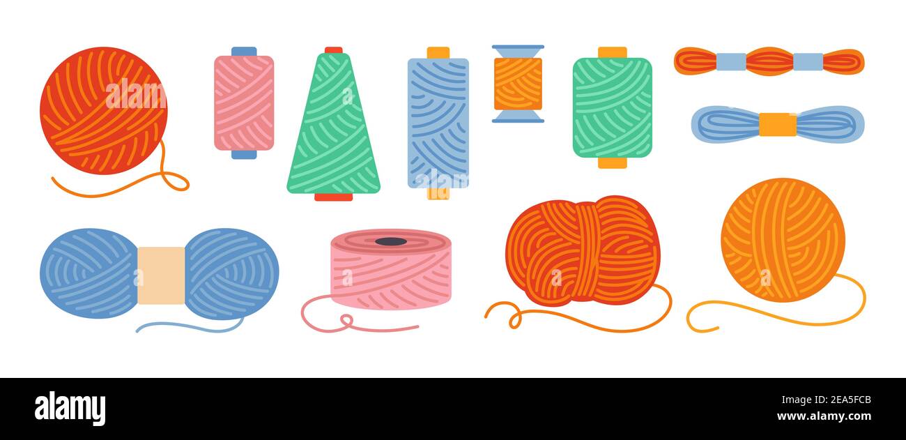 Sewing threads or yarn cartoon set. Spool and bobbin outline ...