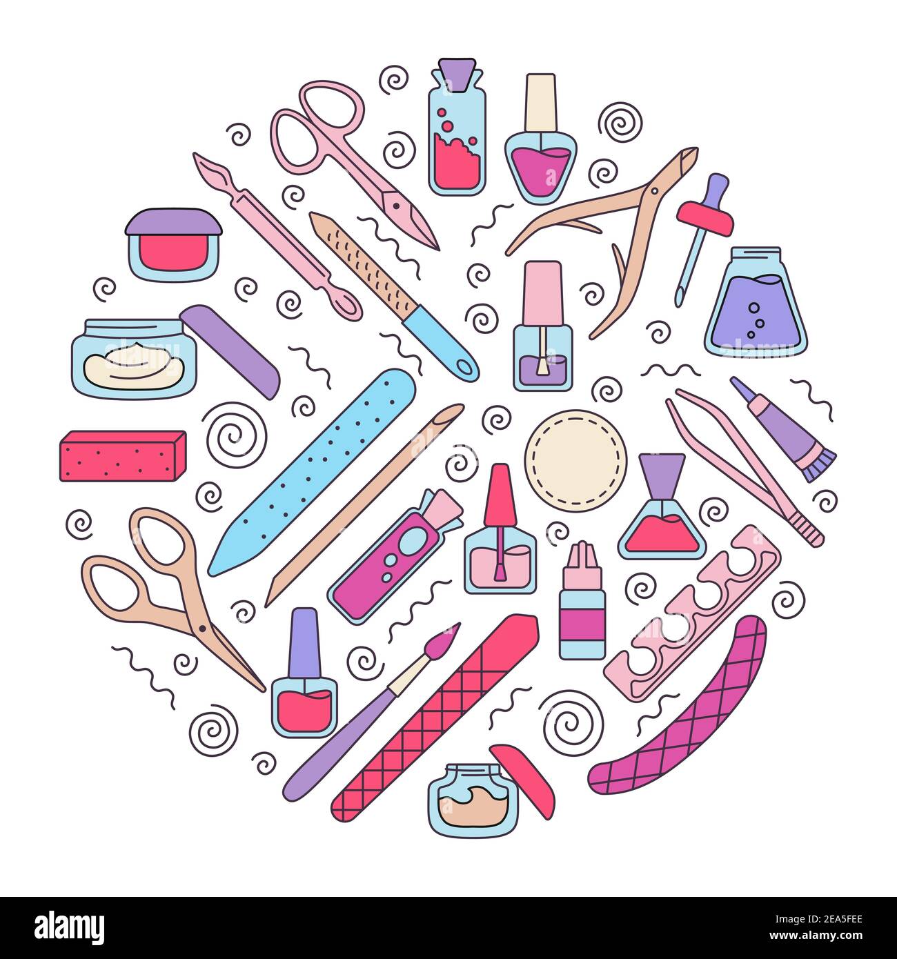 Manicure equipment bright round card. Line polishing nails, nail polish ...