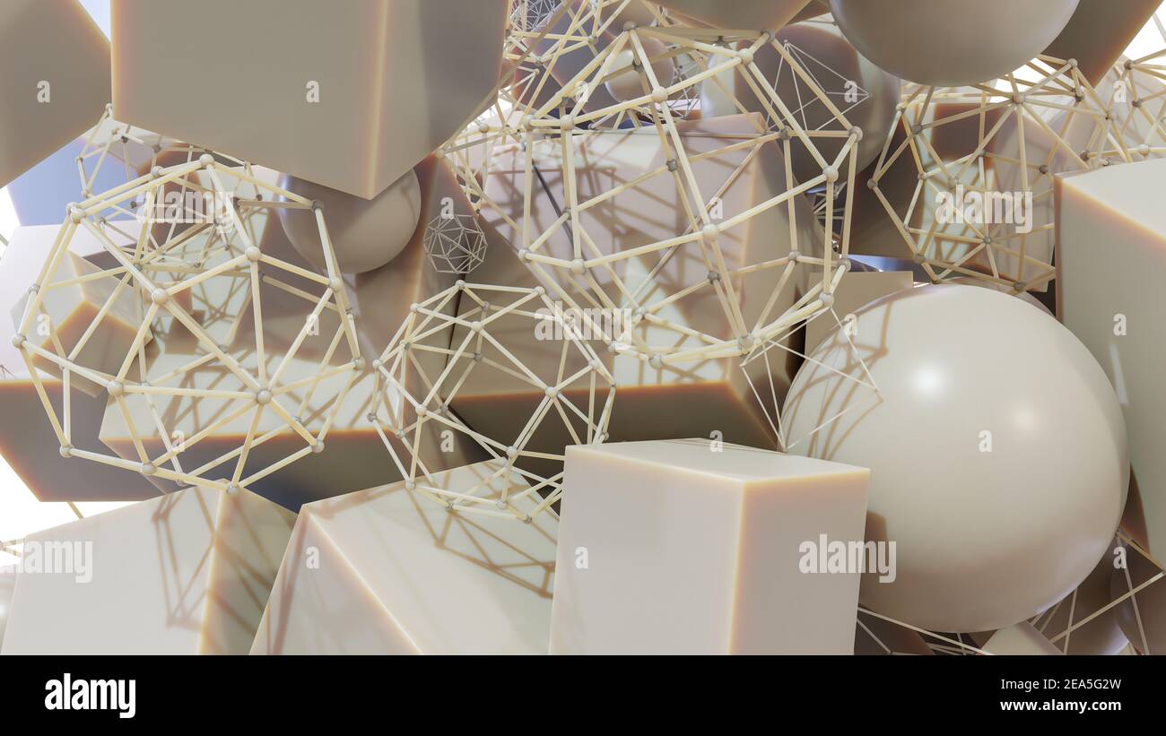 Abstract art of cubes, spheres and wireframe objects Stock Photo - Alamy