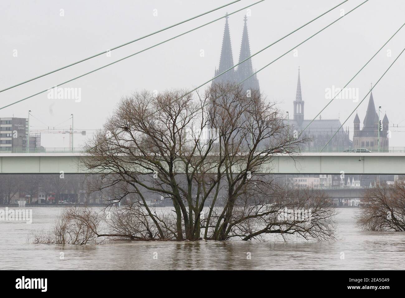 The banks of the Rhine river are seen flooded. Heavy rainfall and ...
