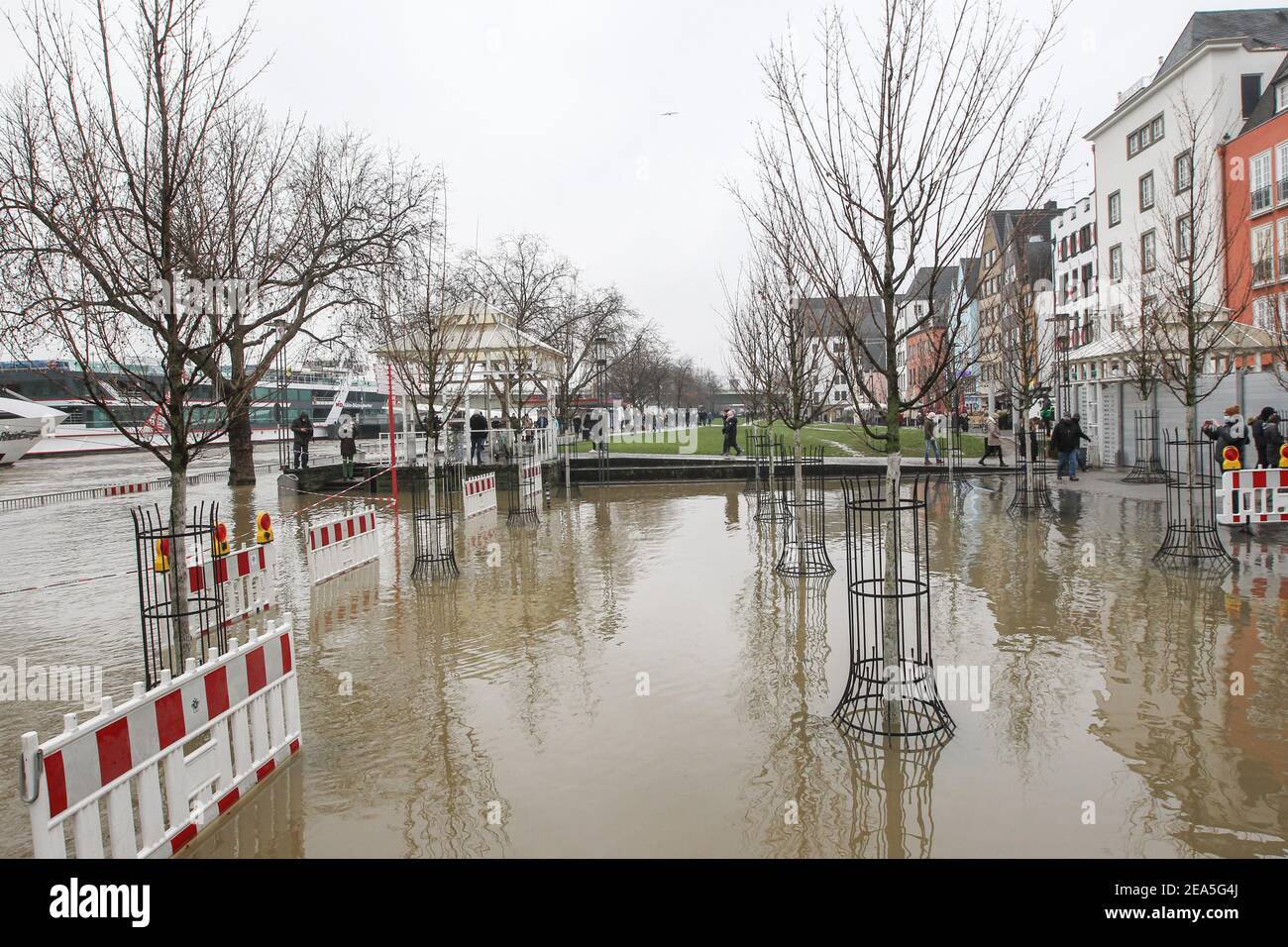 The banks of the Rhine river are seen flooded. Heavy rainfall and ...