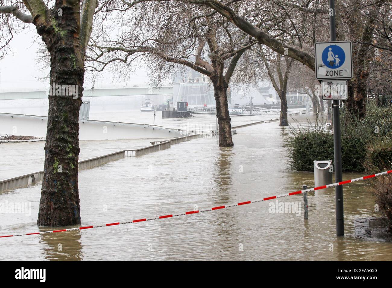 The banks of the Rhine river are seen flooded. Heavy rainfall and ...