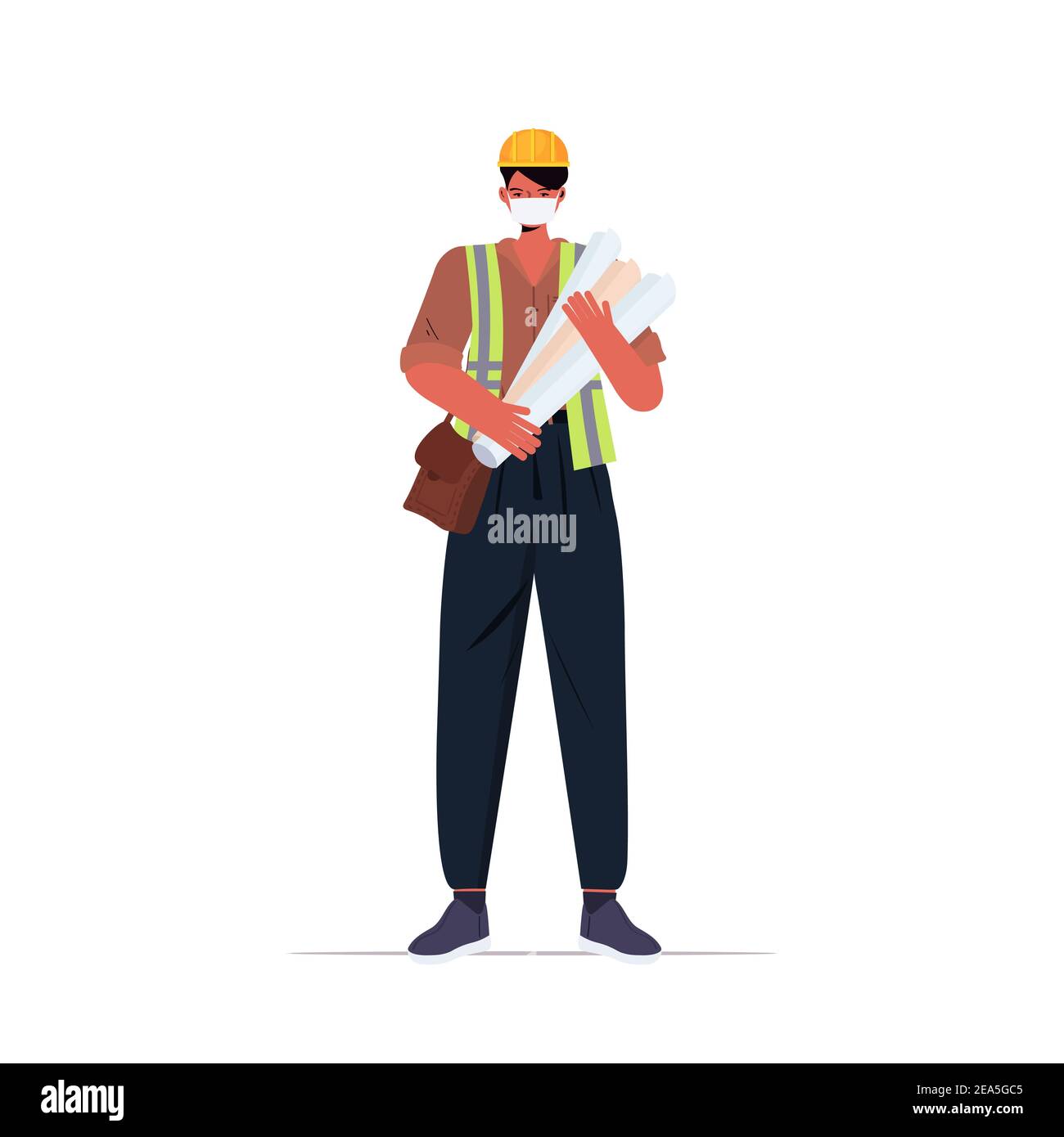 male engineer architect with blueprints wearing mask to prevent ...