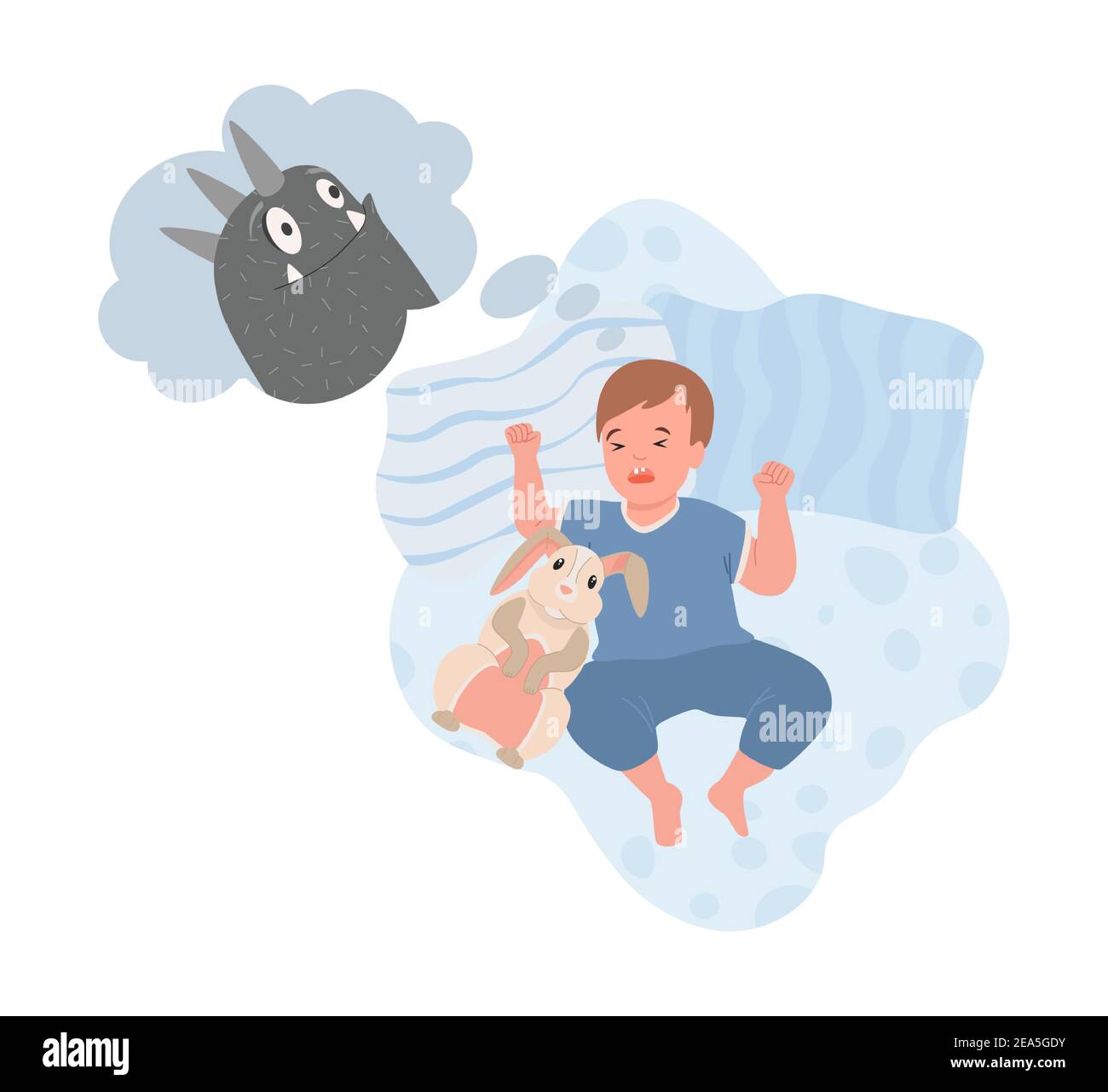 Little boy in cute blue clothes sleeping at night and has a nightmare ...