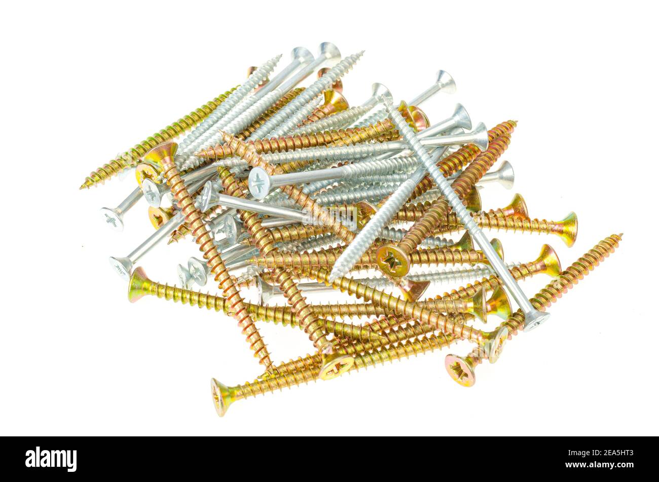 New metal screws for wood isolated on white background. Construction ...