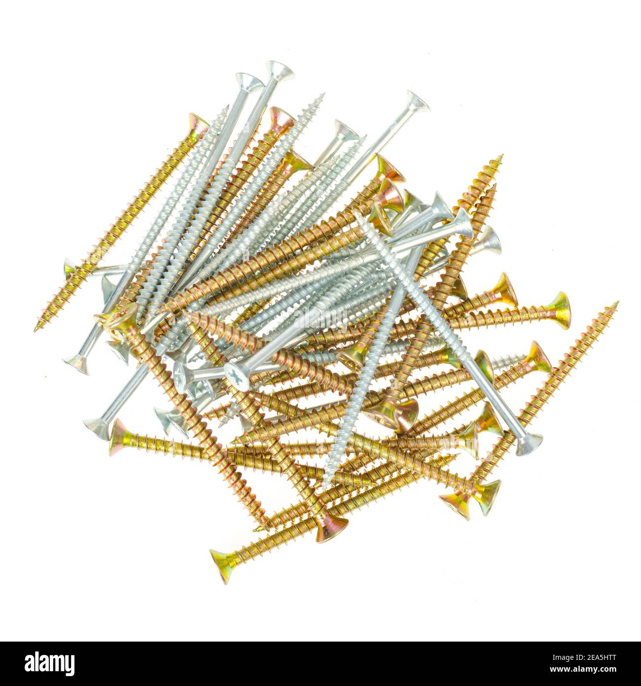 New metal screws for wood isolated on white background. Construction ...