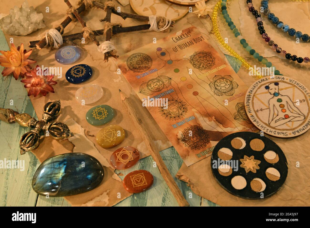 Still life with chakras of human body concept, crystals and magic ...