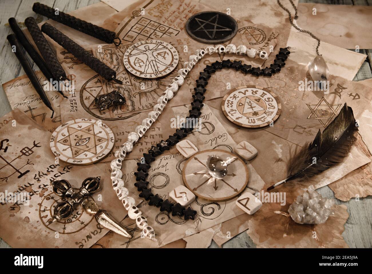 Old pages with magic spells, manuscripts and parchments on antique ...