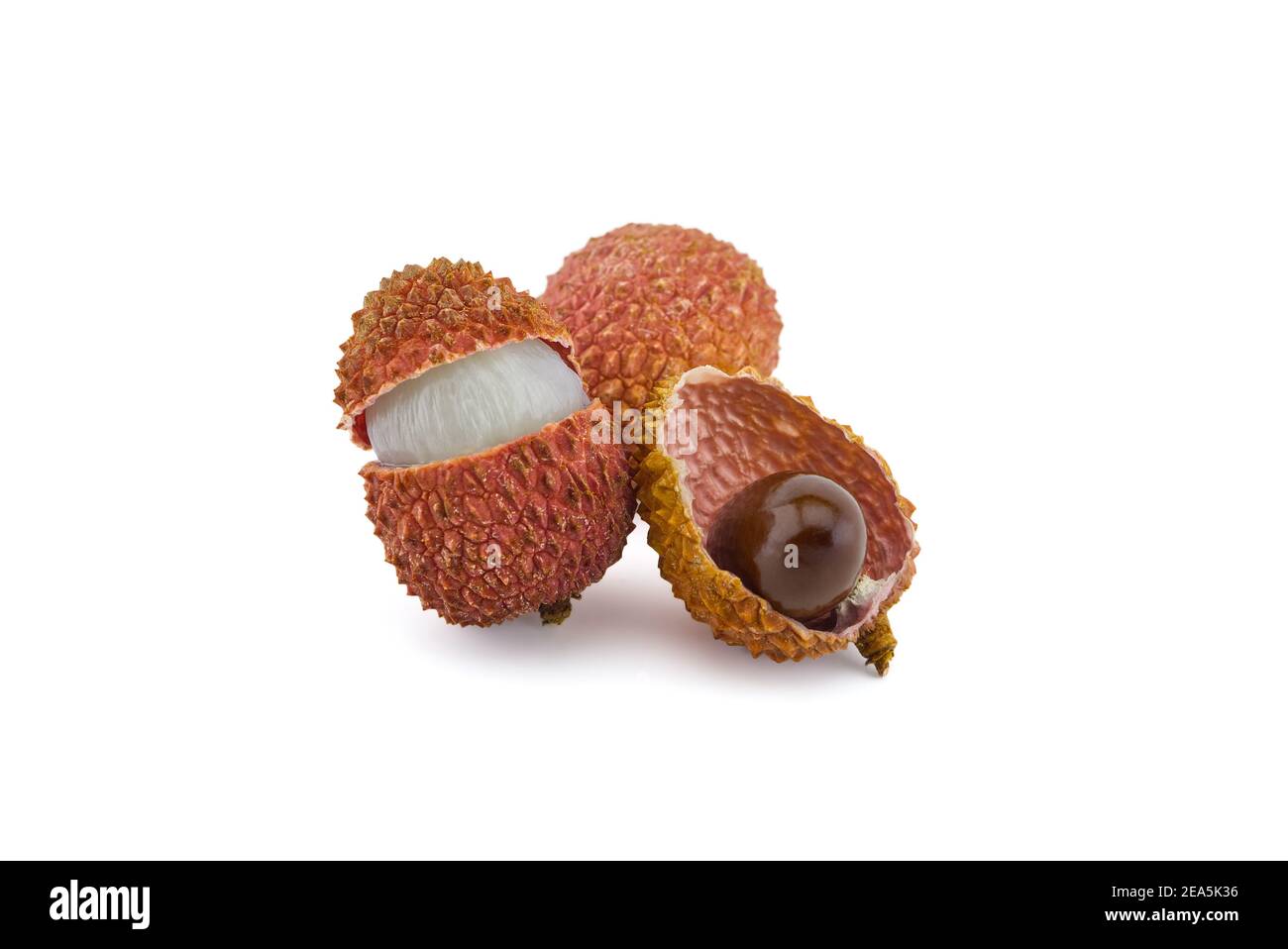 Lychee fruit whole, opened and showing seed isolated on white ...