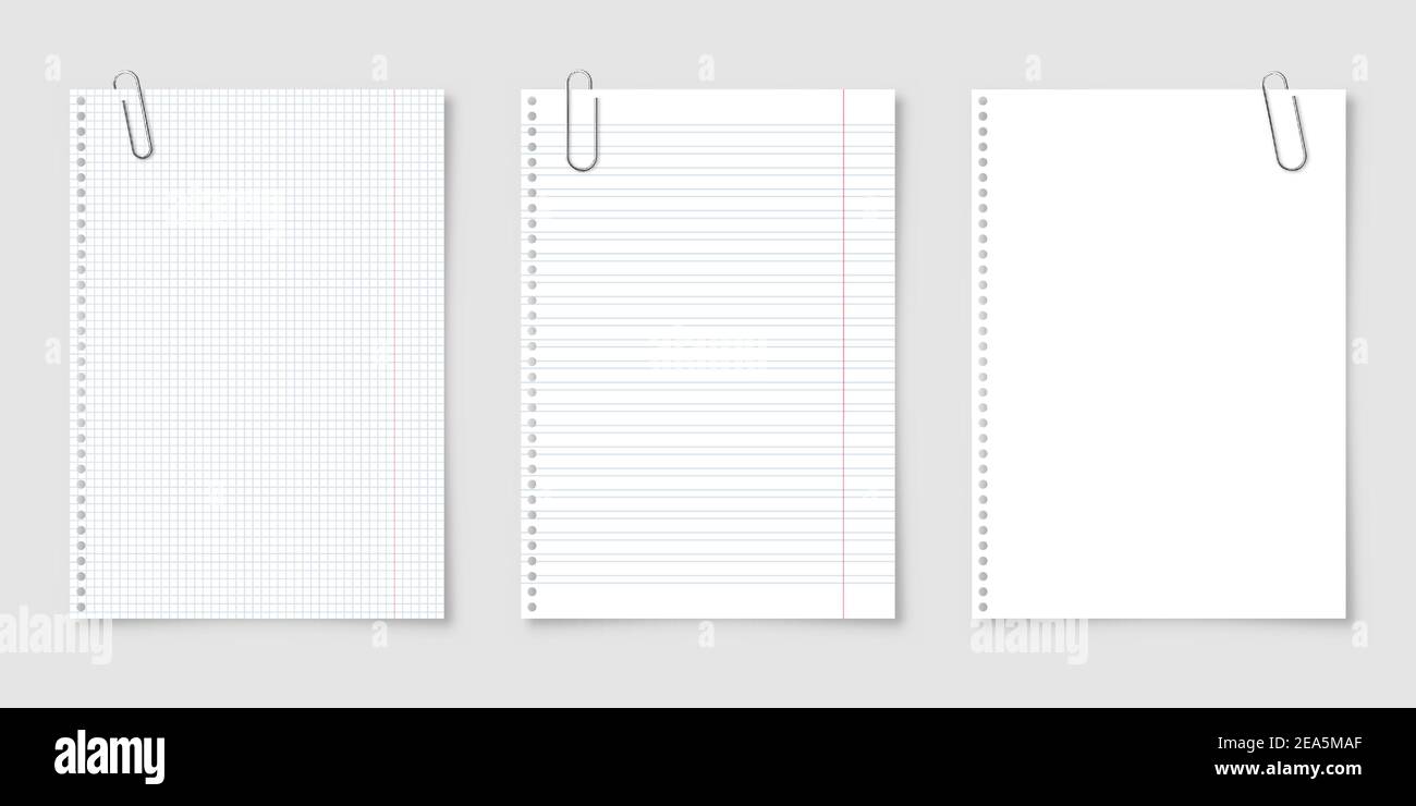 Realistic blank paper sheets in A4 format with metal clip, holder on ...