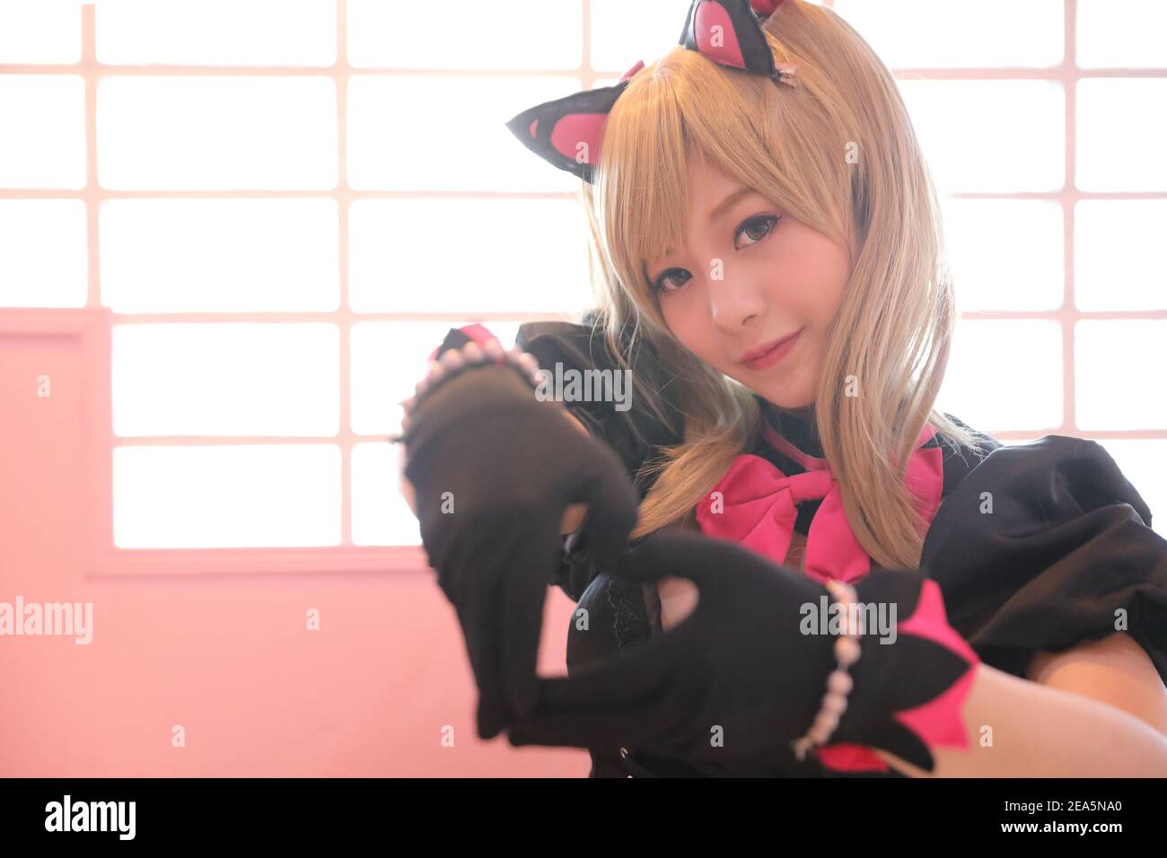 Japan anime cosplay , portrait of girl cosplay in pink room background ...