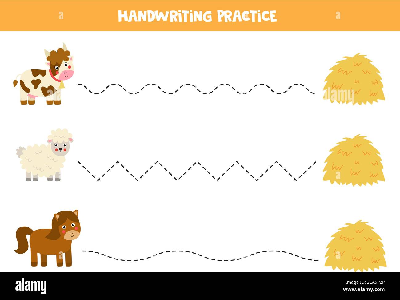 Tracing lines for kids with cute farm animals and hay stack ...