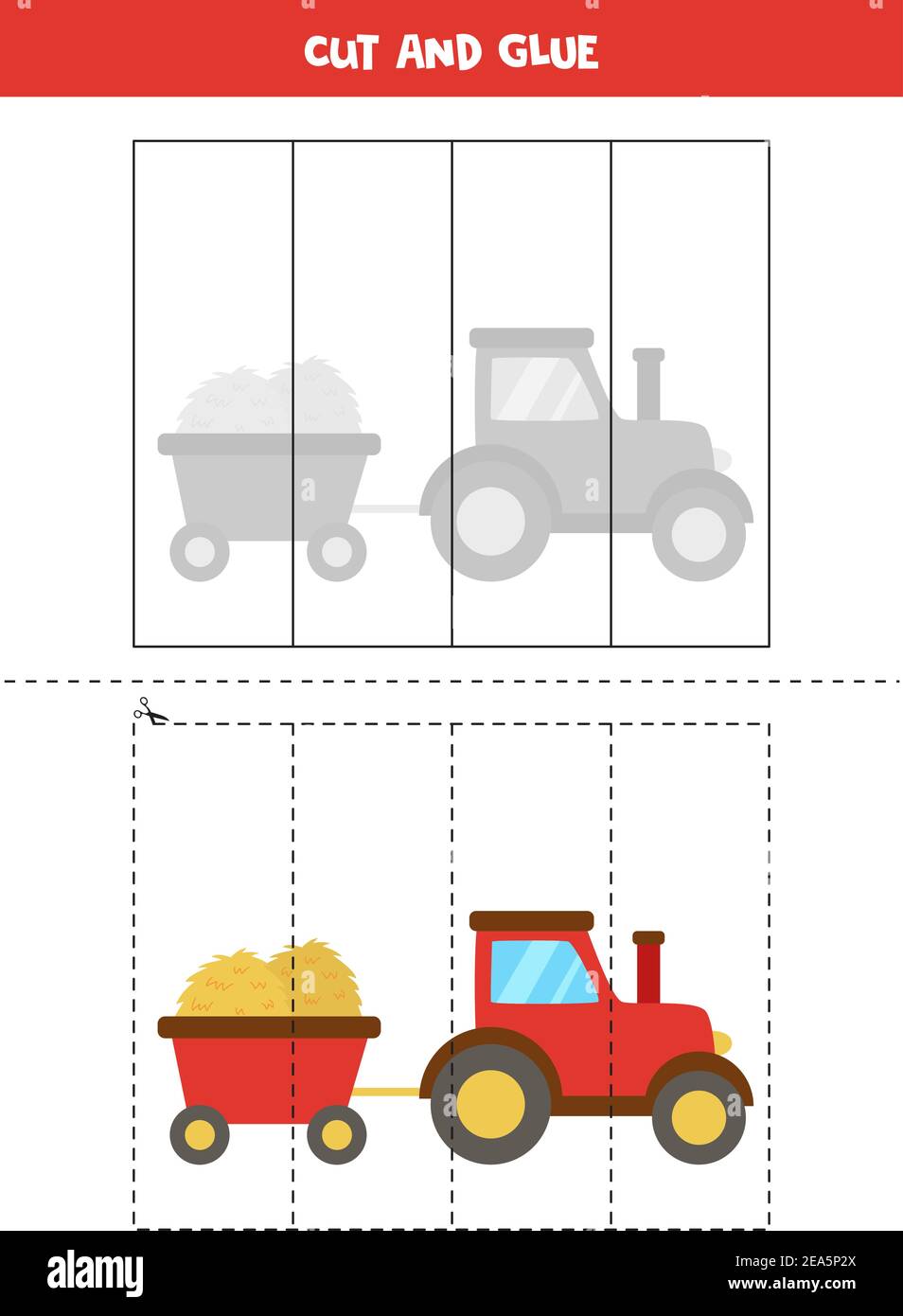 Cut and glue game for kids with farm tractor. Cutting practice for ...