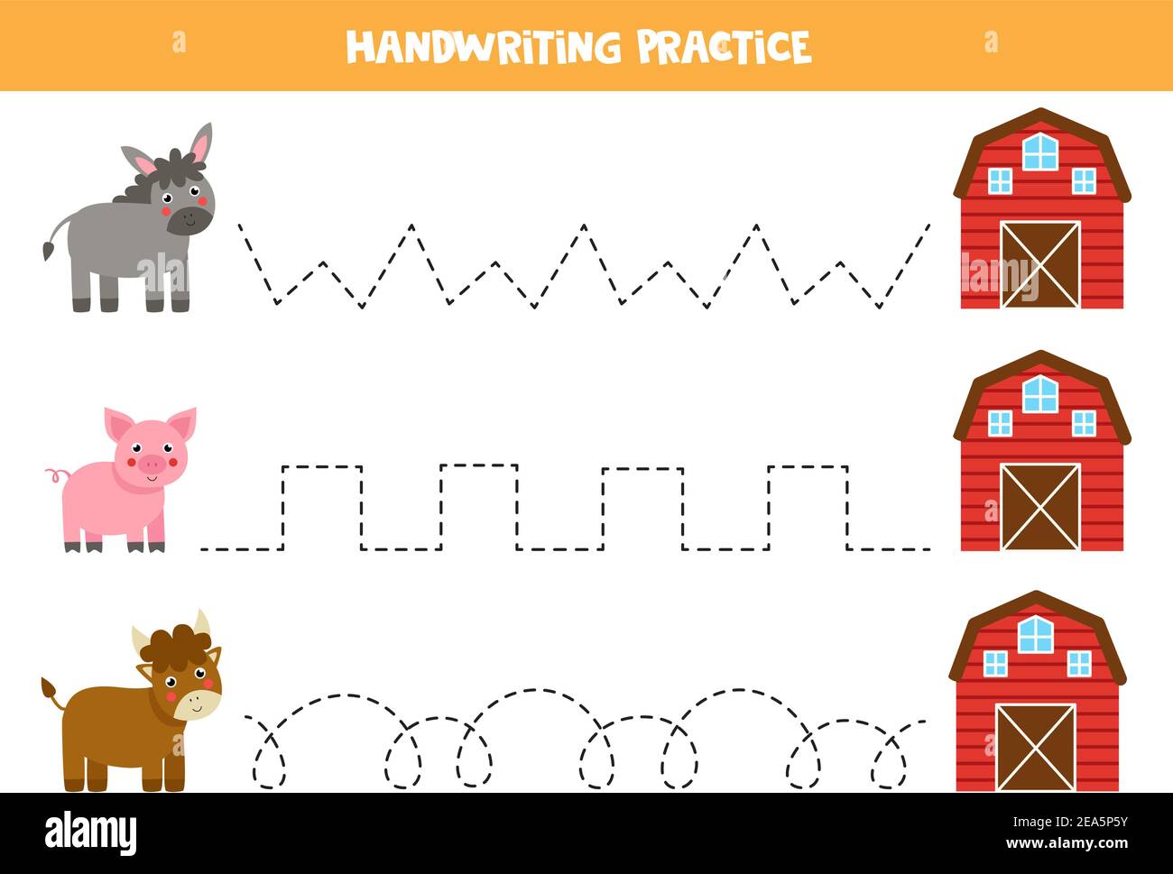 Tracing lines for kids with cute donkey, bull and pig going to farm ...