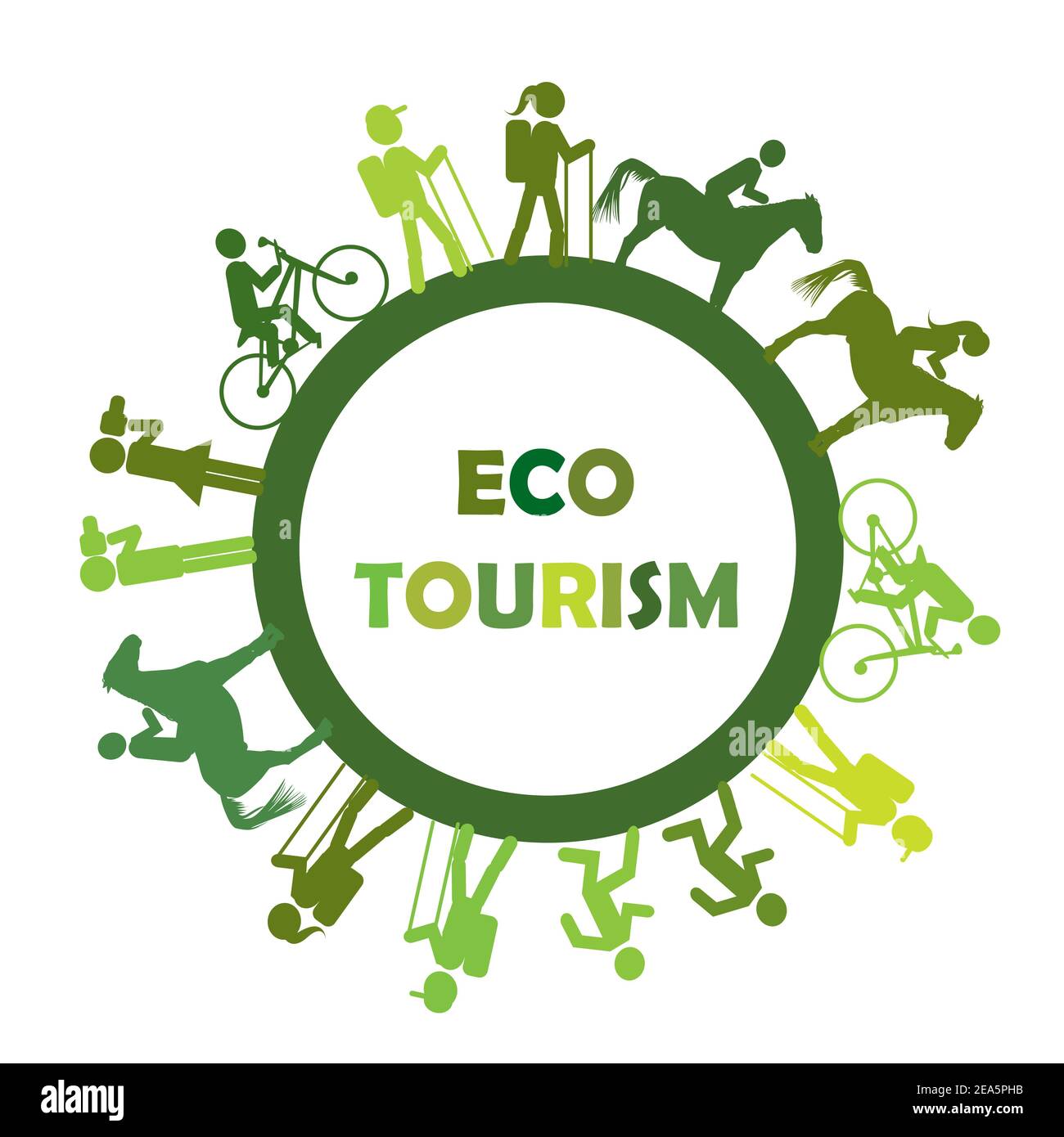 Eco turism concept with round frame and stylized tourists Stock Vector ...