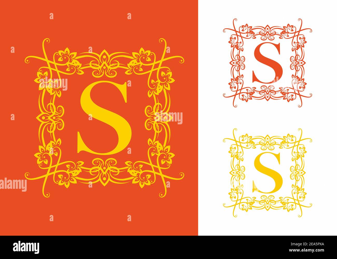 Orange yellow of S initial letter in vintage square frame design Stock ...