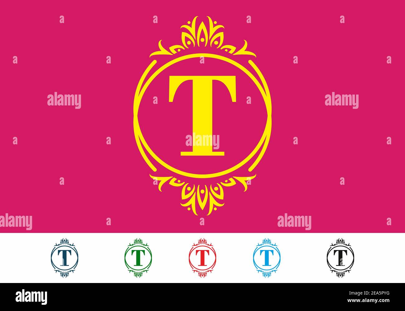 Pink yellow of T initial letter in vintage mirror frame design Stock ...