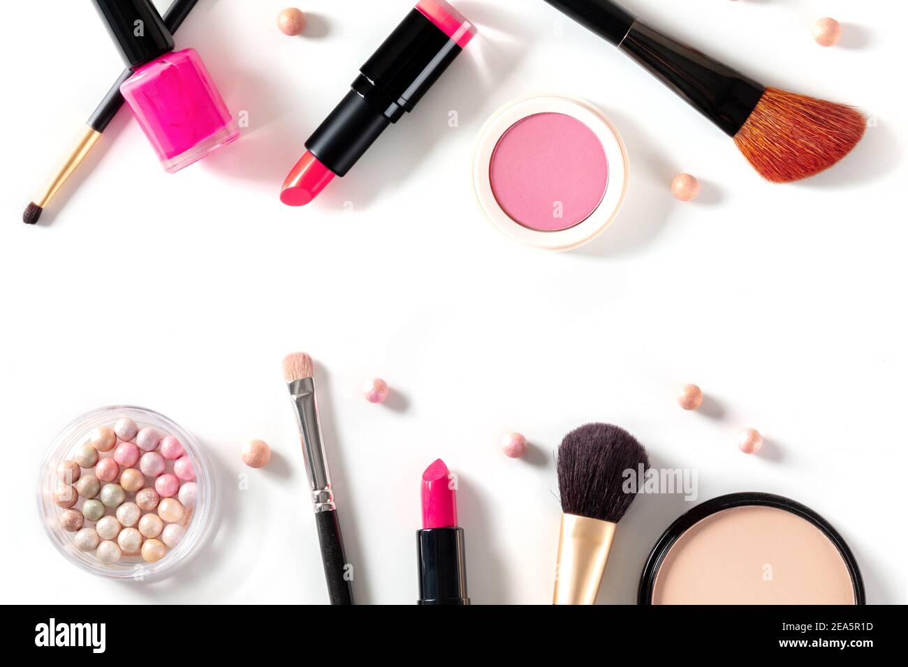 Make-up design template with brushes, pearls, lipstick and other ...
