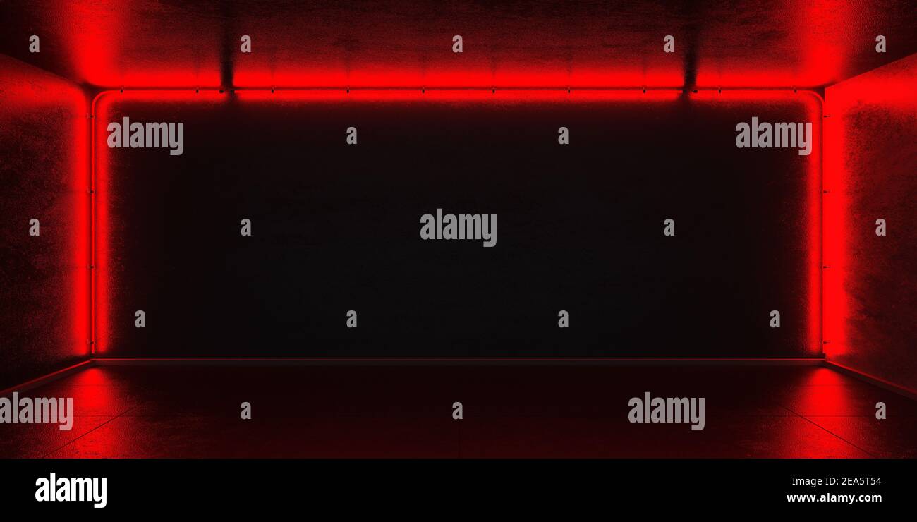 frame of red neon tubes on a concrete wall in the interior of a ...