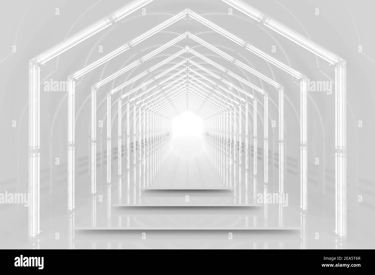 White hexagonal tunnel glossy podium. Abstract background. Light ...