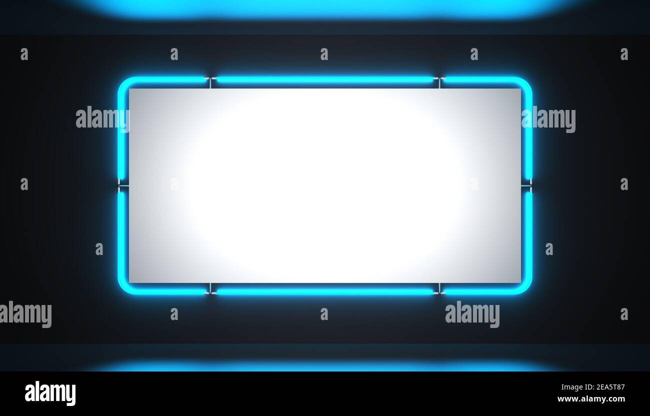A bright blue neon blank sign on a black background is glowing bright ...