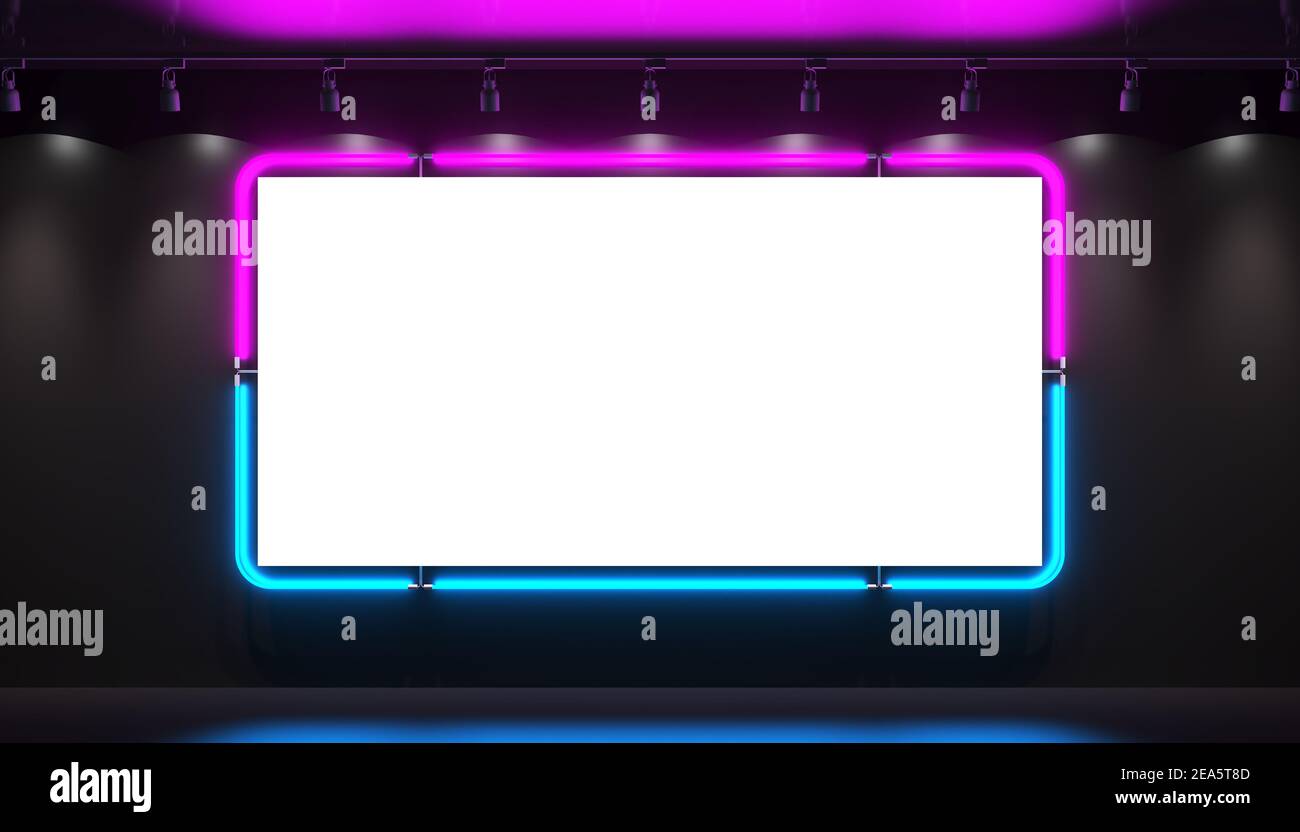 A bright blue purple neon blank sign on a black background is glowing ...
