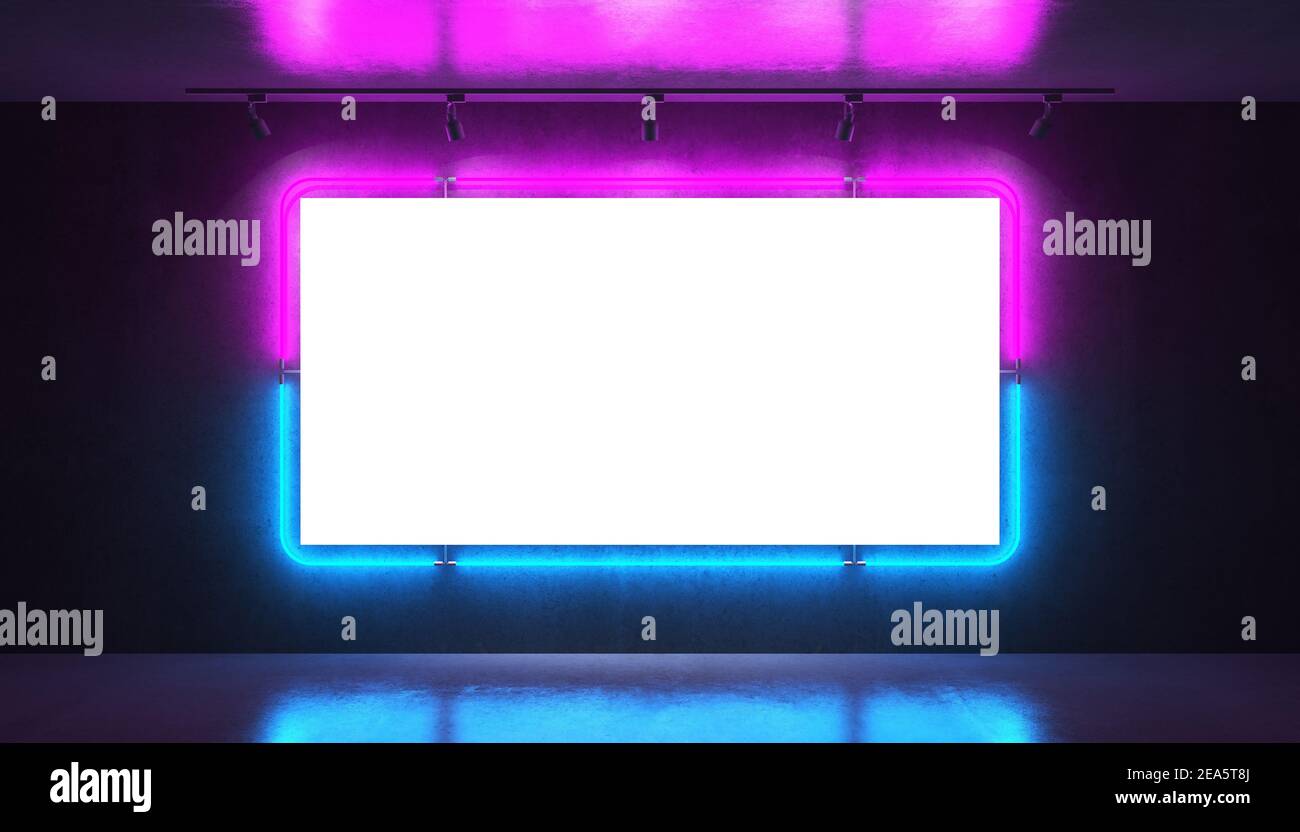 A bright blue purple neon blank sign on a black background is glowing ...