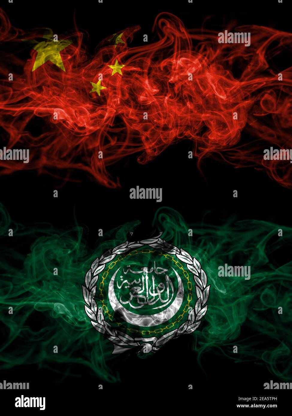 China, Chinese vs Arab League smoky mystic flags placed side by side ...