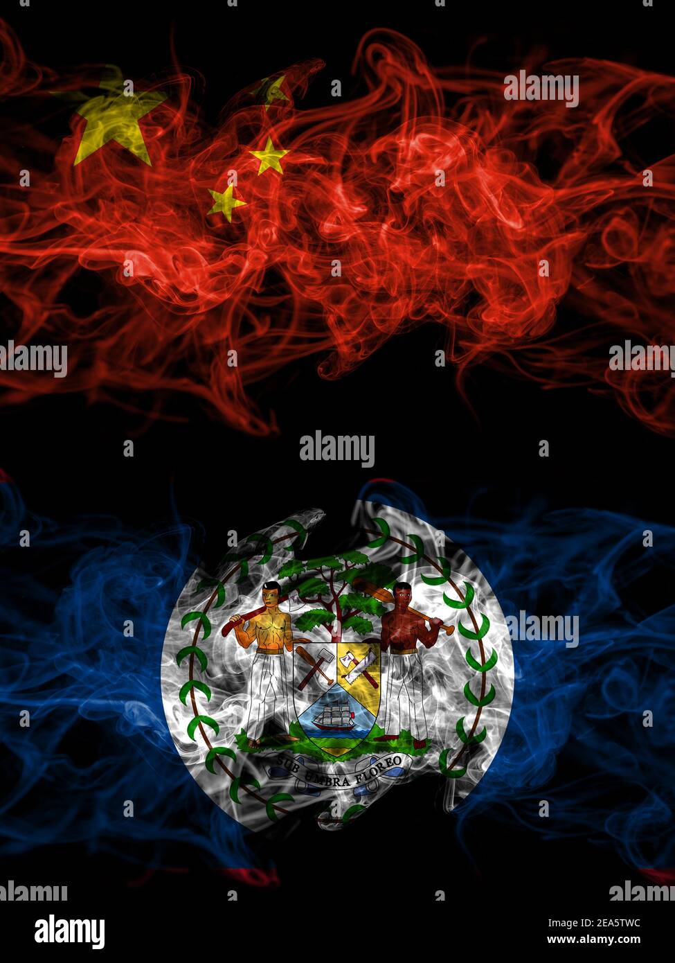 China, Chinese vs Belize, Belizean smoky mystic flags placed side by ...