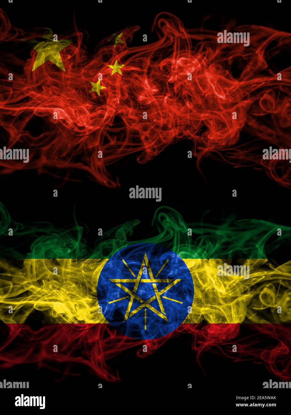 China, Chinese vs Ethiopia, Ethiopian smoky mystic flags placed side by ...