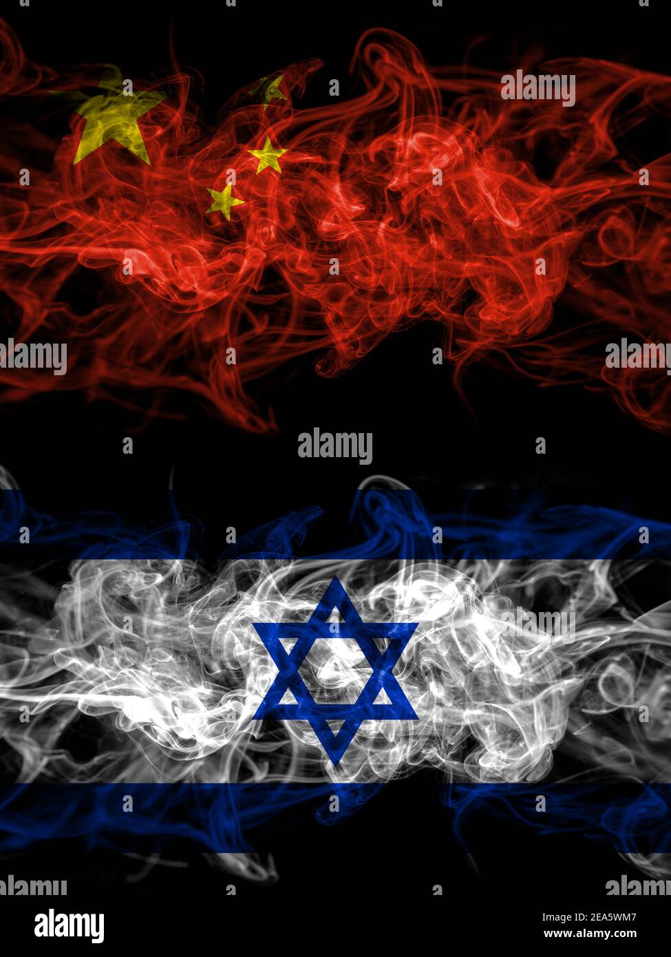 China, Chinese vs Israel, Israeli smoky mystic flags placed side by ...